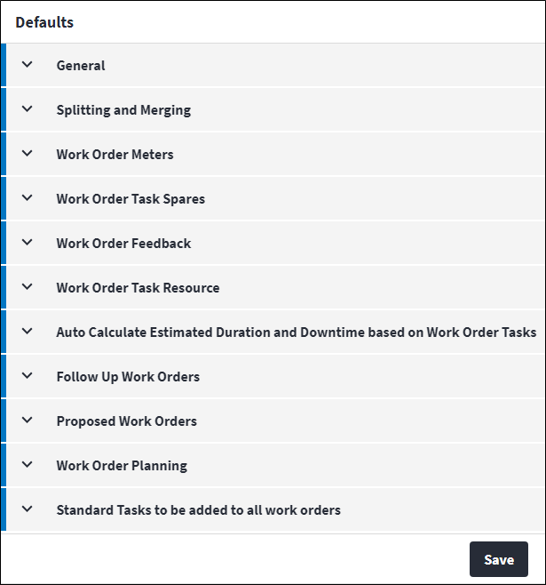 Work Orders Defaults Screen