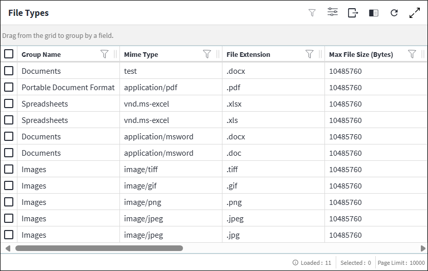 File Attachment File Types Screen